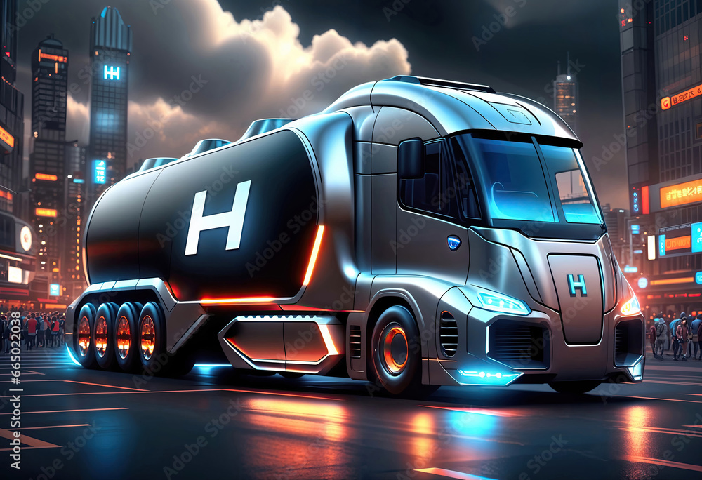 Hydrogen cargo vehicle on the street of a futuristic city (hydrogen is ...