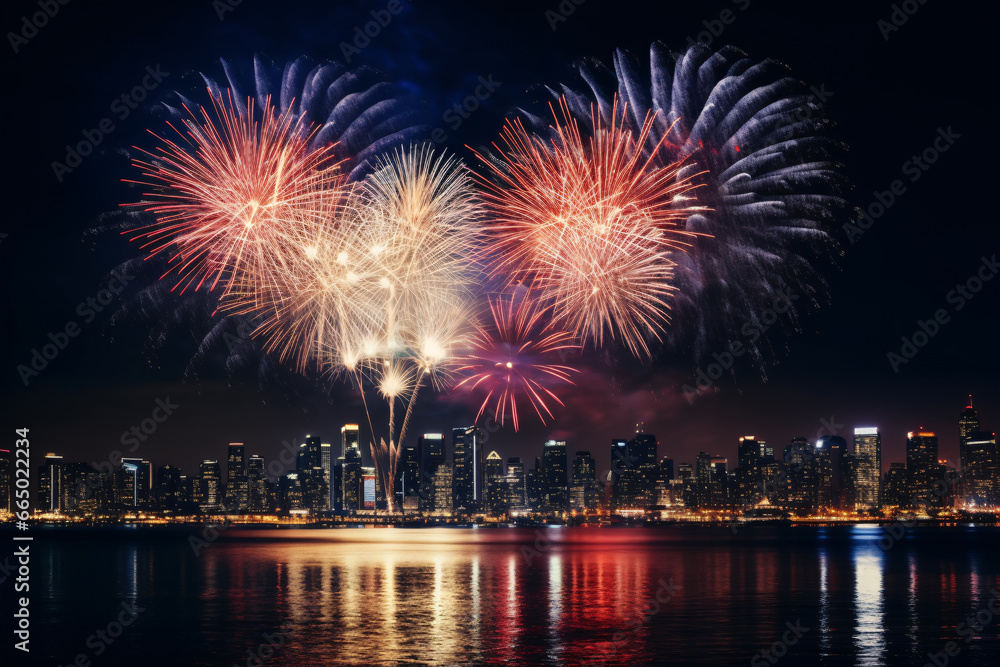 A far away spectacular fireworks display lighting up the night sky over ...