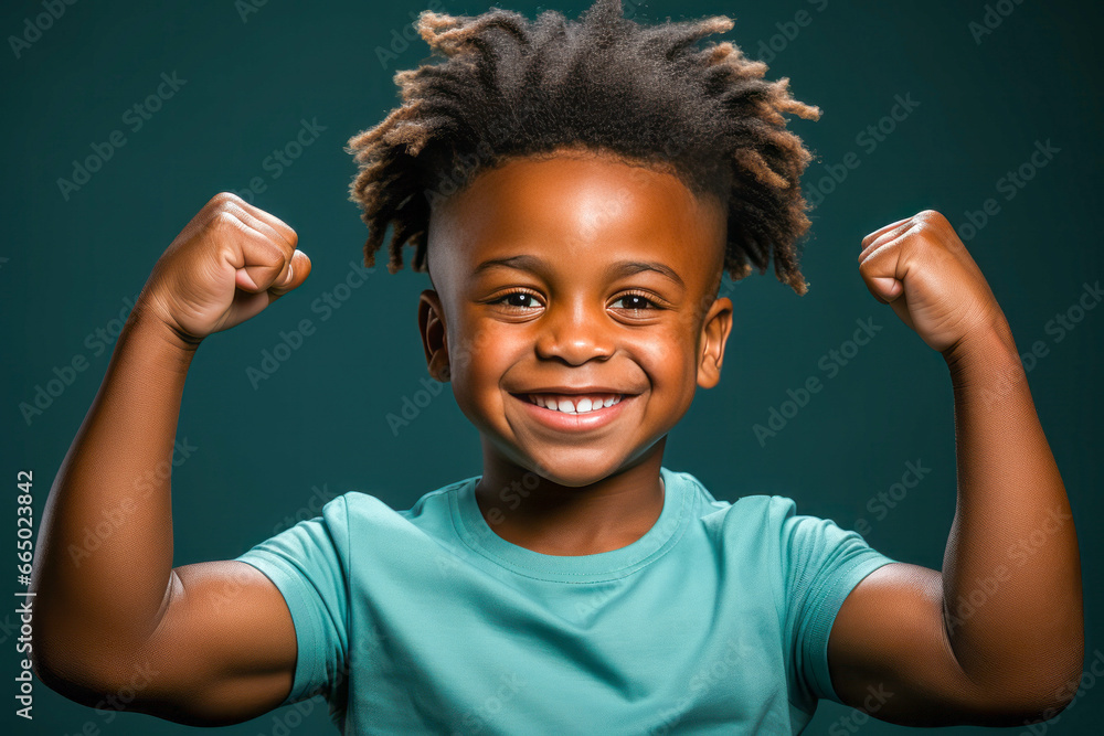 Muscular boy kid flexing muscles and abs on plain background. Stock ...