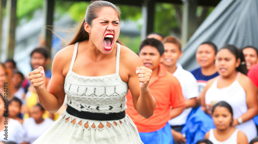 Maori woman performs traditional Haka dance in New Zealand. Stock Photo | Adobe Stock