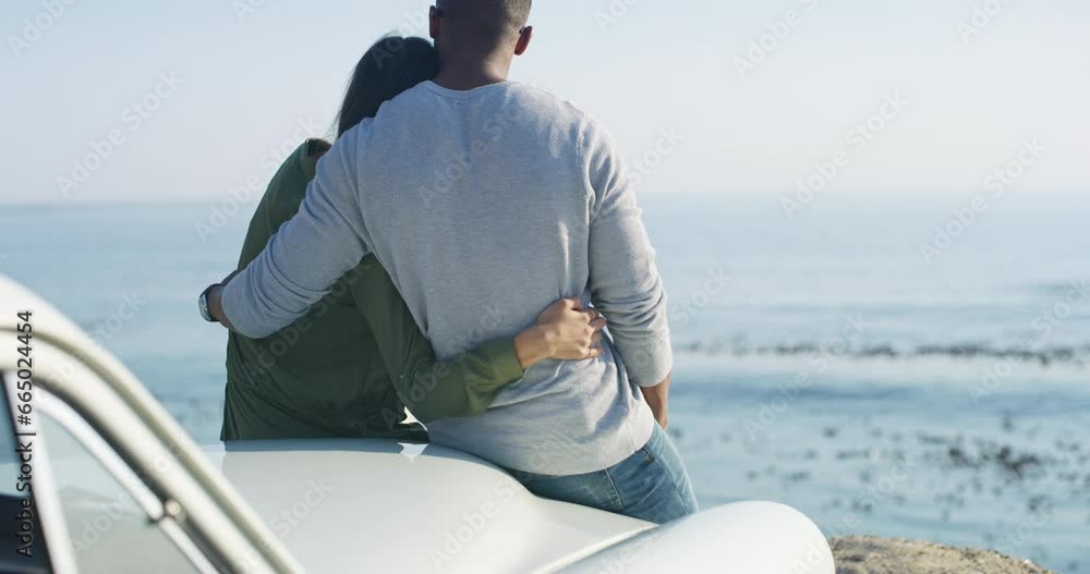 Car, road trip and couple hug at a beach with care, trust and bond in ...