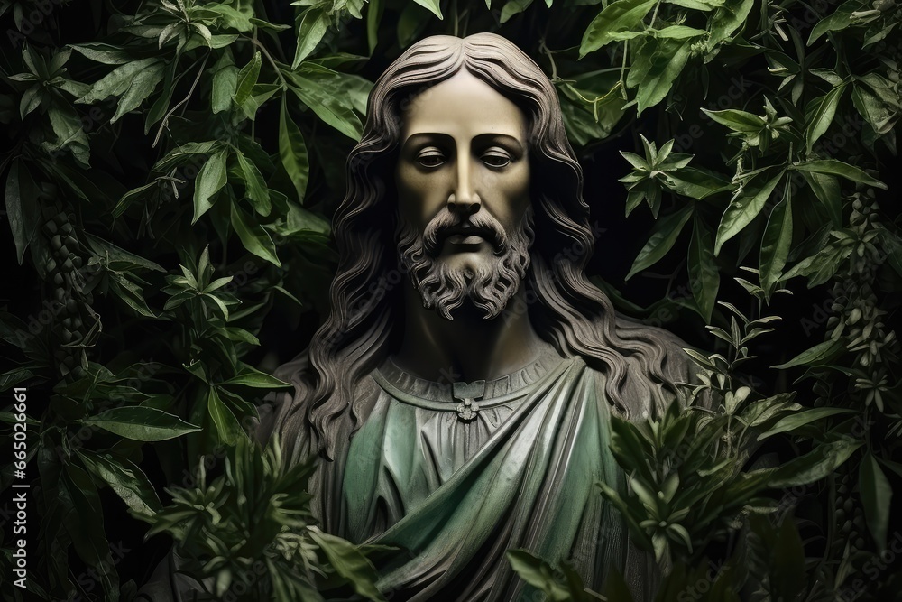 Jesus Christ statue with green leaves background Stock Photo | Adobe Stock
