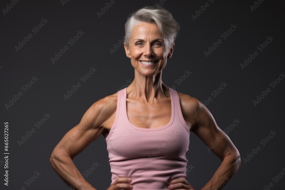 Strong senior woman exercising. Happy mature woman, aged 50-60, with a ...