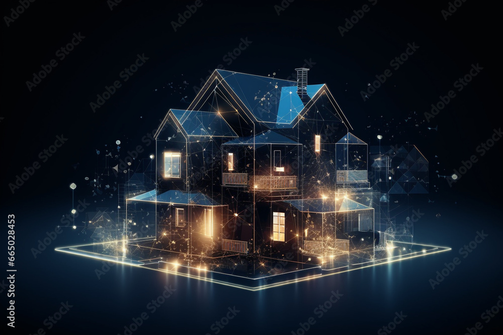 3D Digital house of particles. Architecture and Technology Concept ...