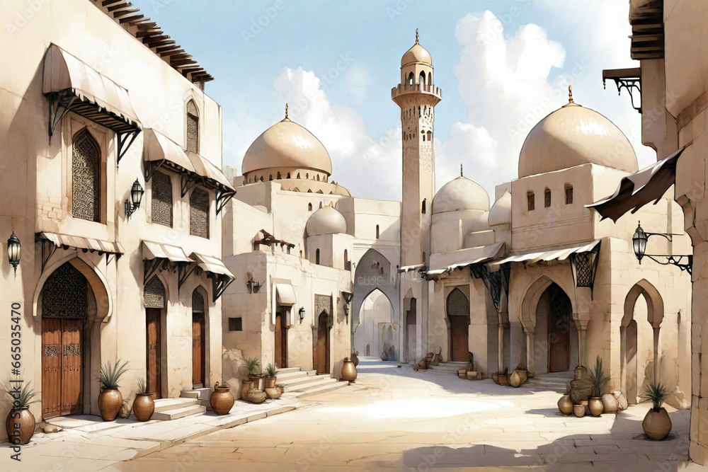 Architectural sketch of an old islamic arabic town. Created using ...