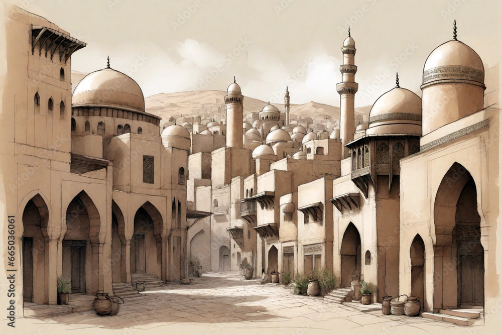 Architectural sketch of an old islamic arabic town. Created using ...