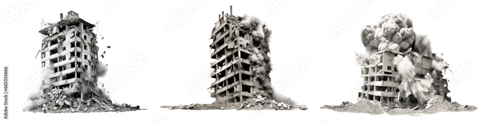 Set of exploded destroyed buildings isolated on transparent background ...