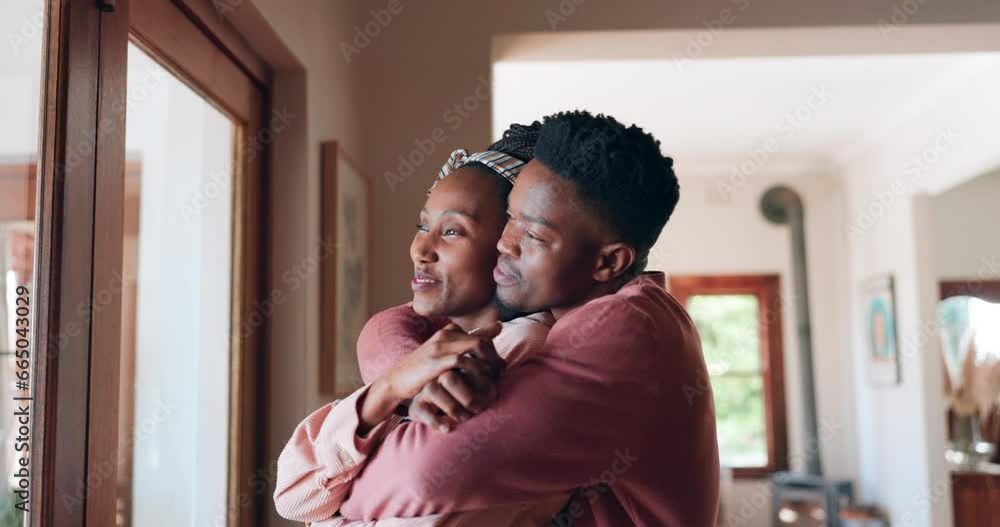 Love, affection and happy black couple hug for support, bond and care ...