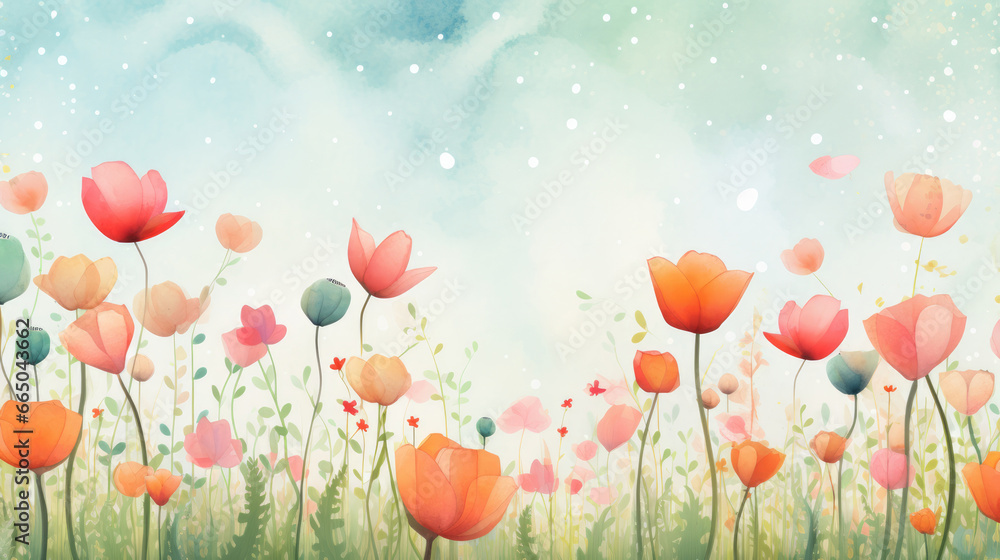 Watercolor springtime widescreen background with colorful illustrated ...