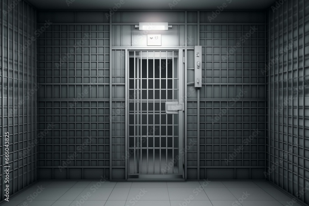 Realistic background prison iron interior with gray door, jail cells ...