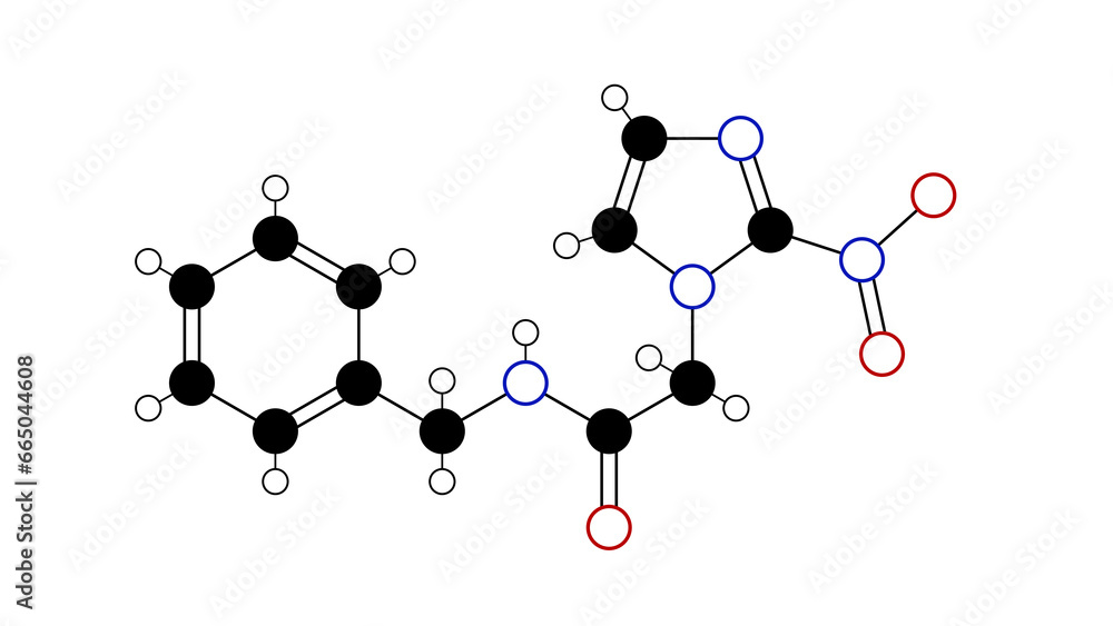 benznidazole molecule, structural chemical formula, ball-and-stick ...
