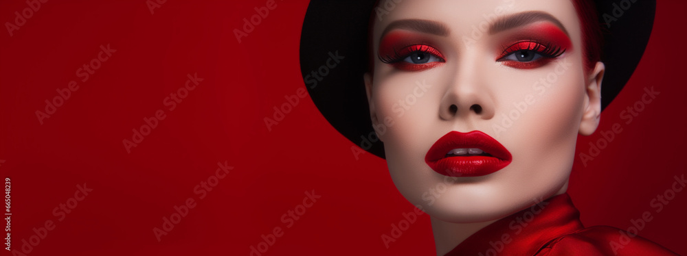 Girl model with bright red makeup, with an emphasis on red lipstick on ...