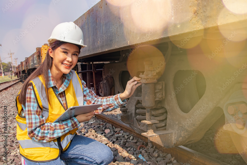Female railway technician engineer wearing hardhat and vest does field ...
