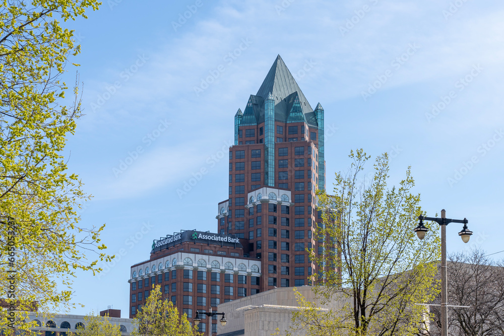 Associated Bank logo sign on the building of Associated Bank River ...