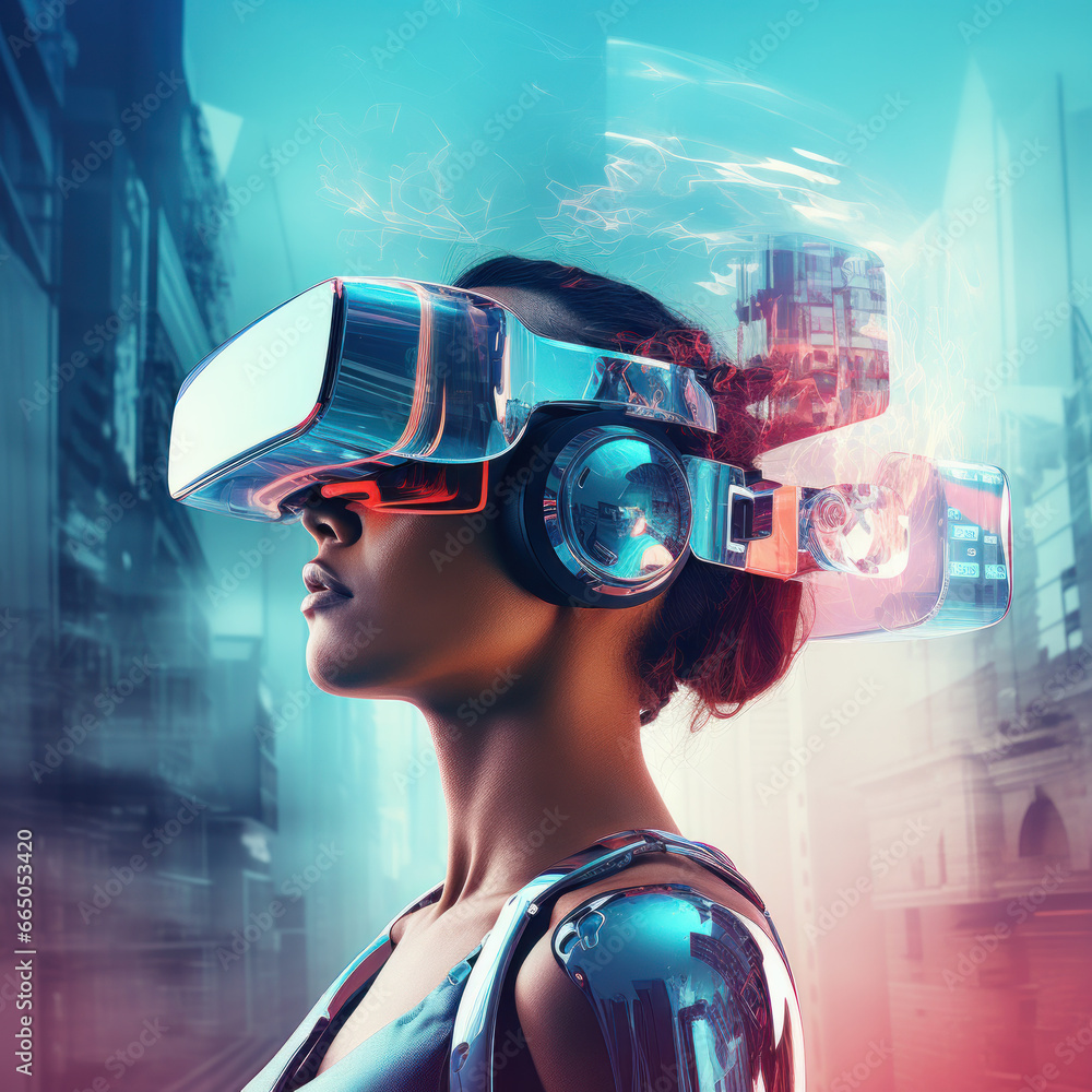 A Womans Face In A Double Exposure Creates A Surreal Metaverse Illustrating The Merging Of