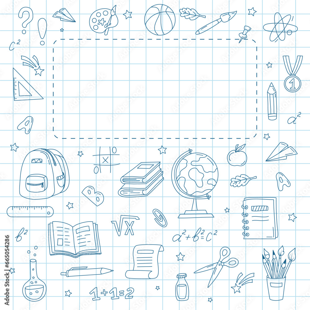 Cover of school notebook. Hand drawn school supplies, doodle. Back to ...