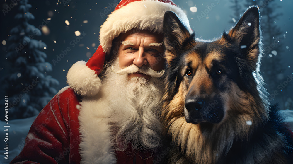 Santa Claus and his trusty German Shepherd companion in a snowy winter ...