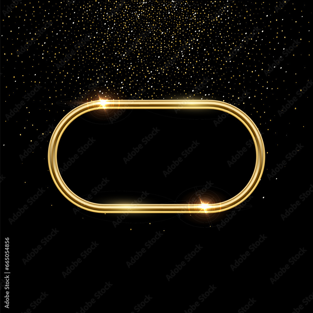 Golden ellipse frame for picture with shadow on black background. Blank ...
