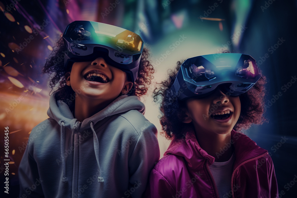 New generation Kids Using VR Headsets to Immerse Into New VR Gaming Worlds. Gen Alpha Digital ...