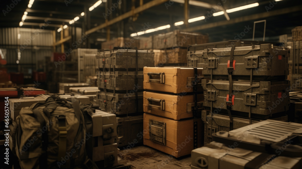 Soldiers unloading crates filled with weapons and ammunition at a ...