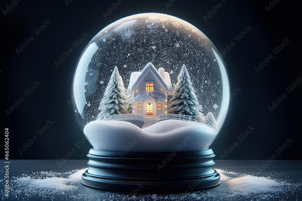 Christmas background. Xmas Snowball with trees and house. Glass snow ...