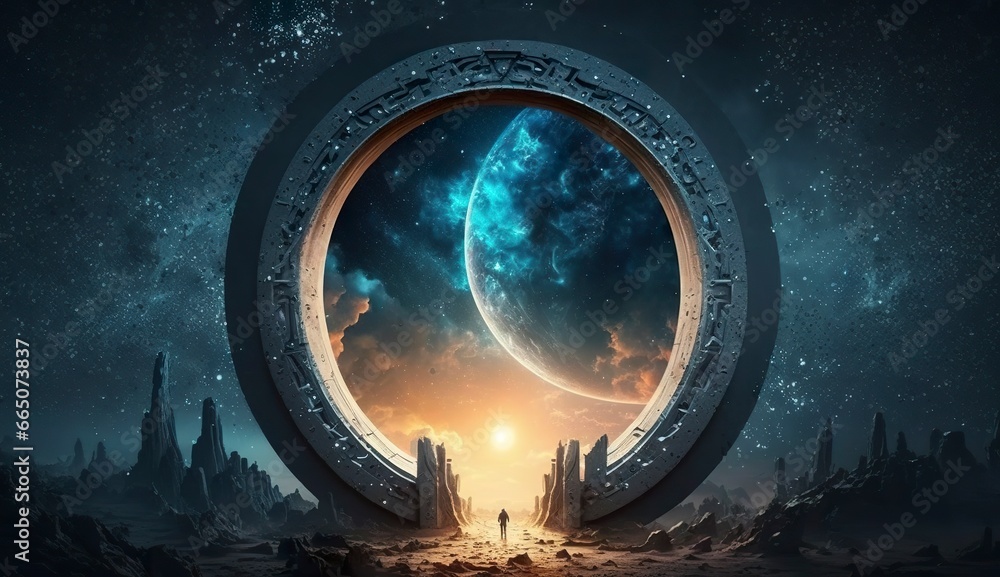 Portal to another world. Futuristic cosmic landscape with circle tunnel ...