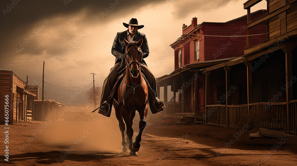wild west town, western theme, modern man dressed as a cowboy on a ...