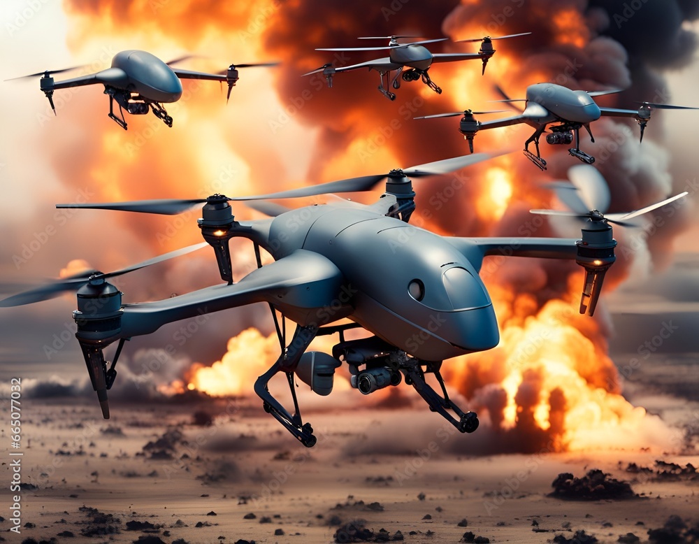 Military drones attack on battlefield with explosion, flames and smoke ...