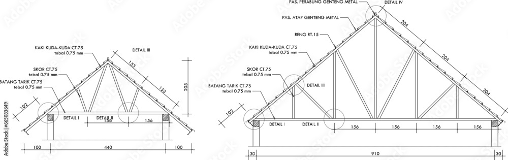 Vector sketch illustration of steel truss design for house building ...