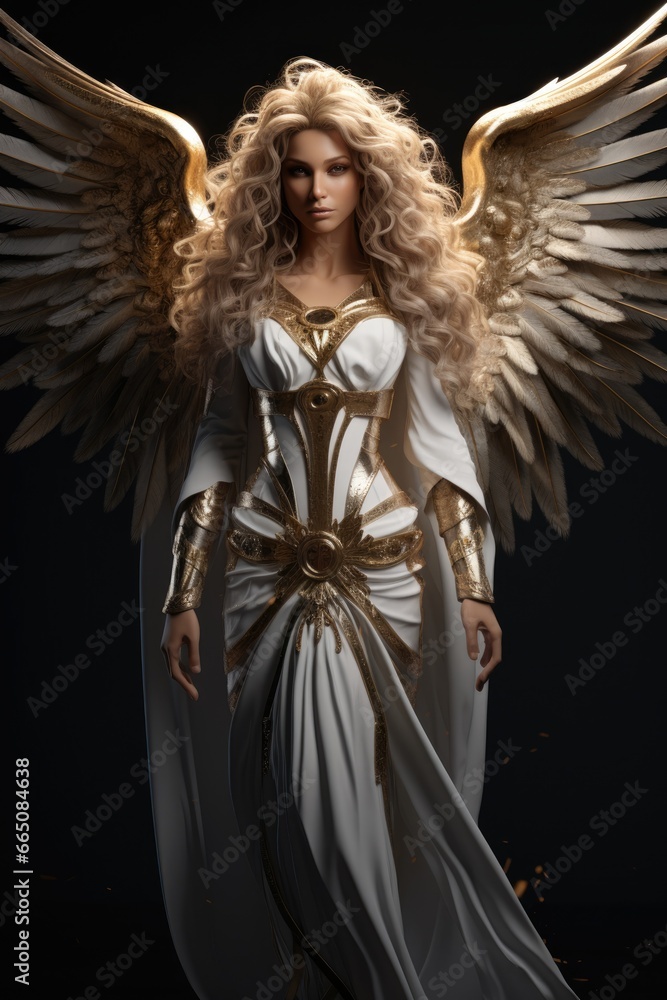 Golden locks. Golden curly long hair. White garments. Gold finishing ...