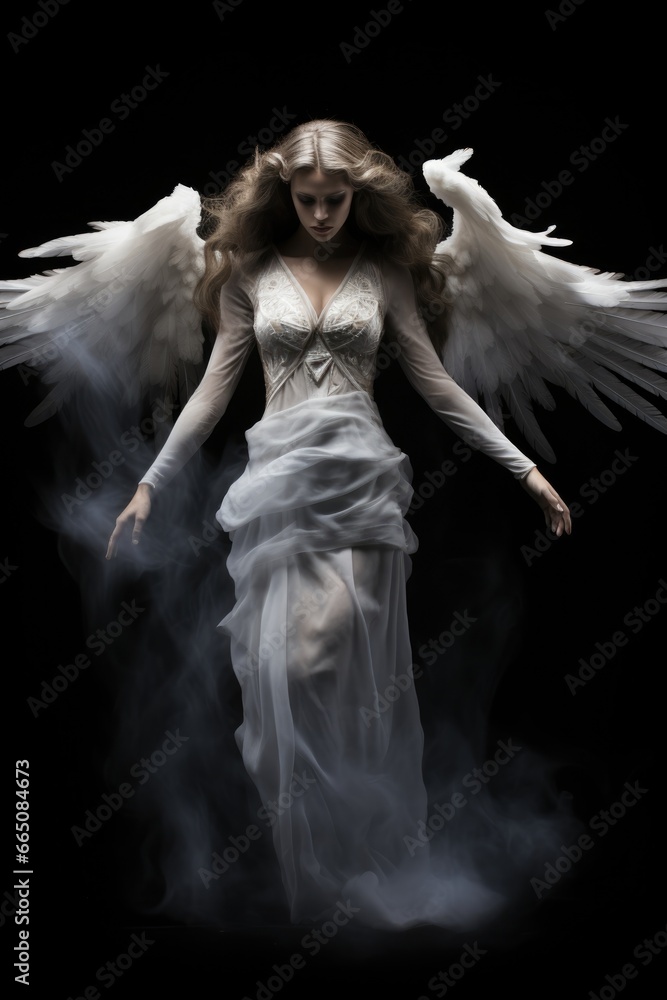 White see through veil. Open arms. delicate pose. Long hair. Fluffy ...