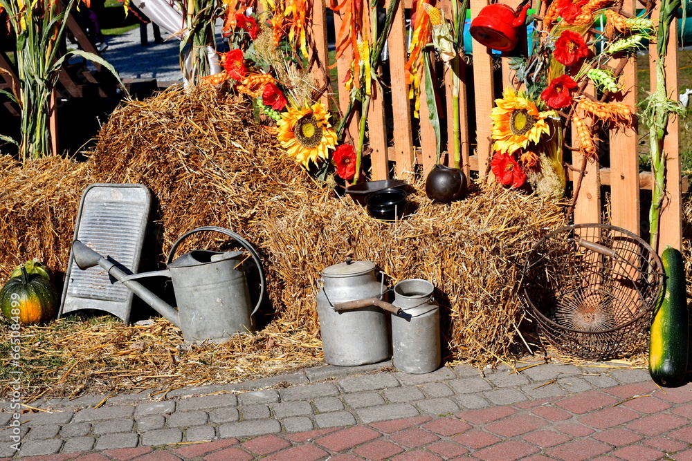 A close up on a set of decorations seen during a folk fair, including ...