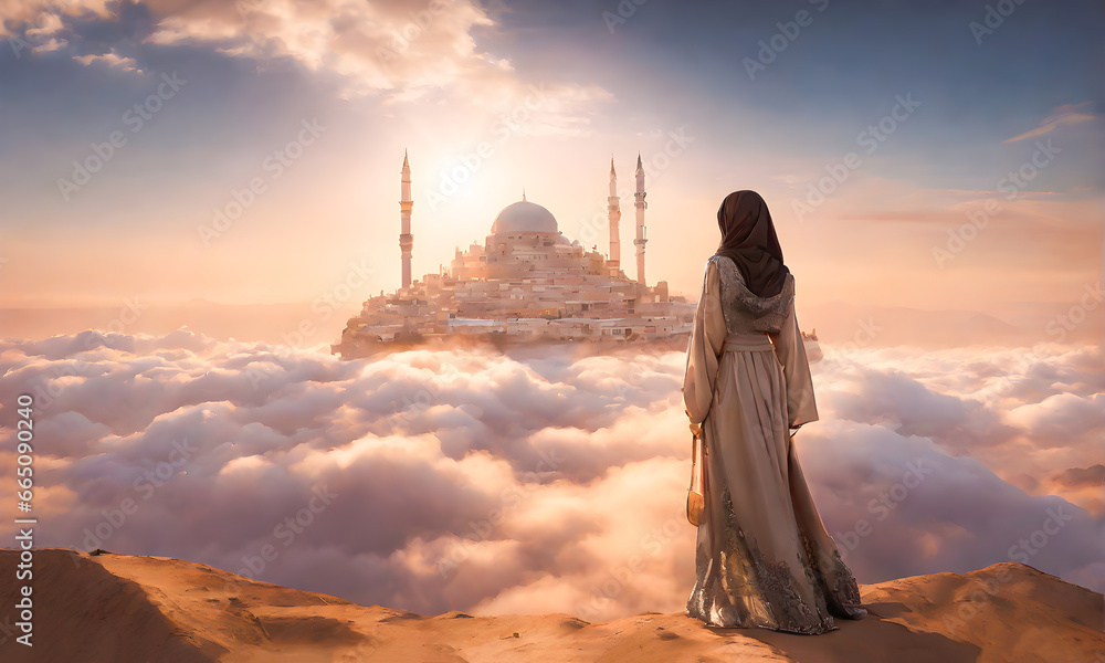 back view of muslim Arab woman was looking at the sun. concept of peace ...