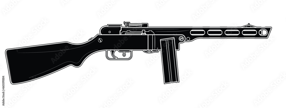 Vector illustration of the PPSh41 machine gun with drum magazine on the ...