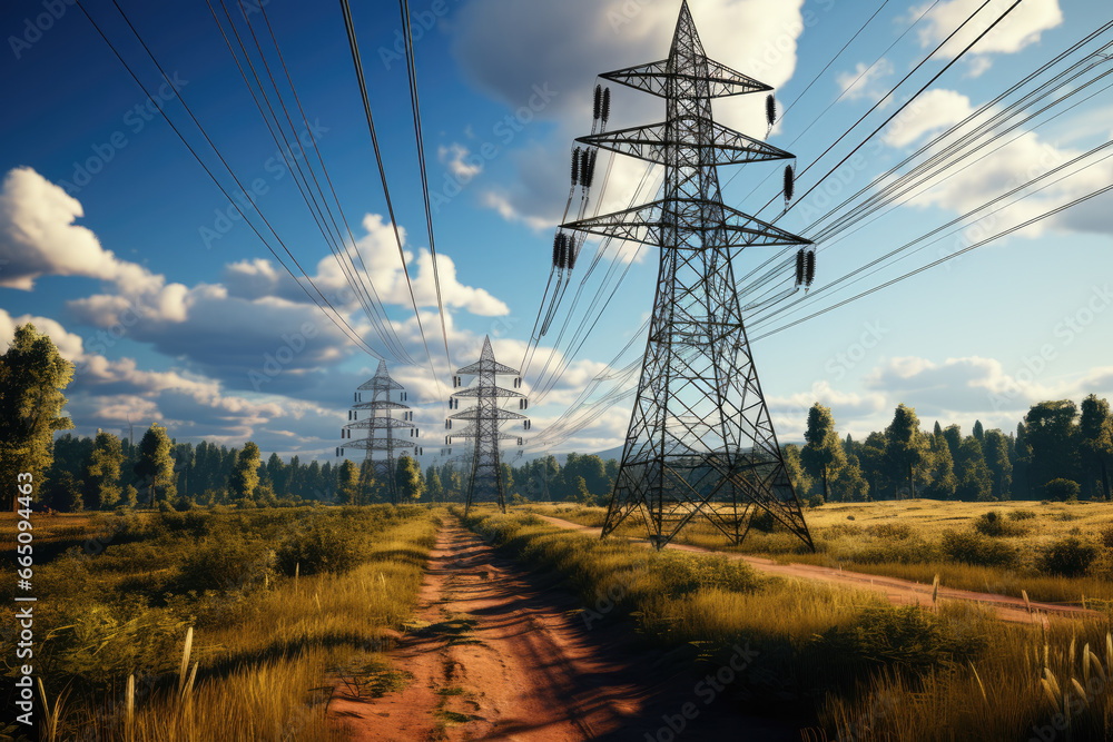 A bundle of high-voltage cables suspended on towering transmission ...