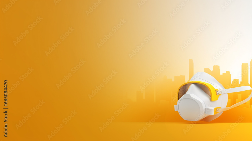 a gas mask against a backdrop of smoke and yellow background ...