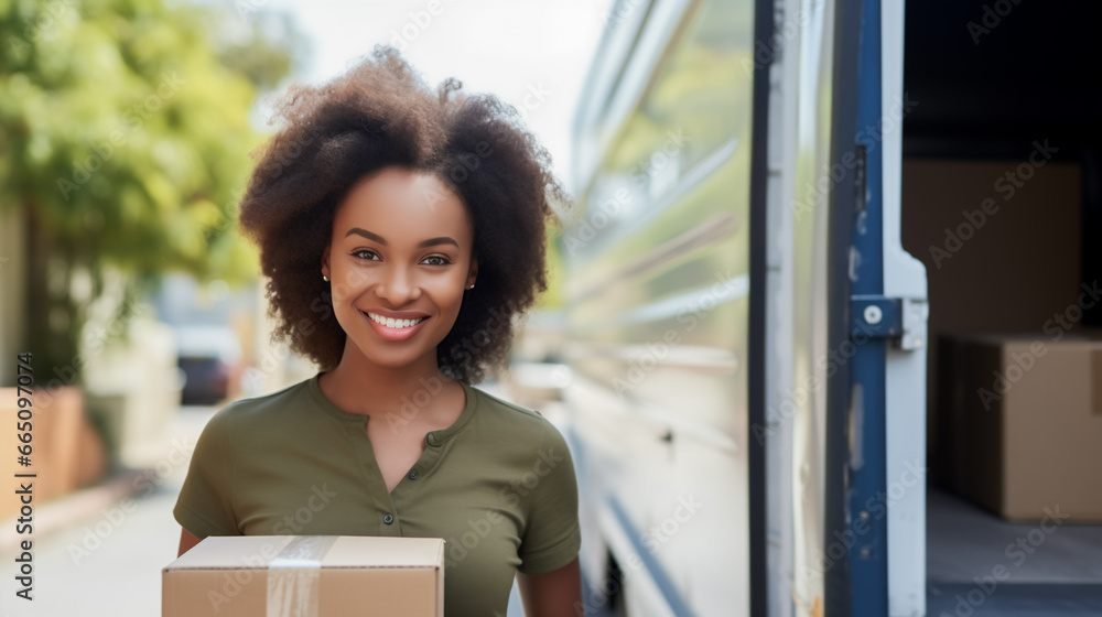 Smiling Black Woman Receiving Her Shipment, Receiving Her Package in ...