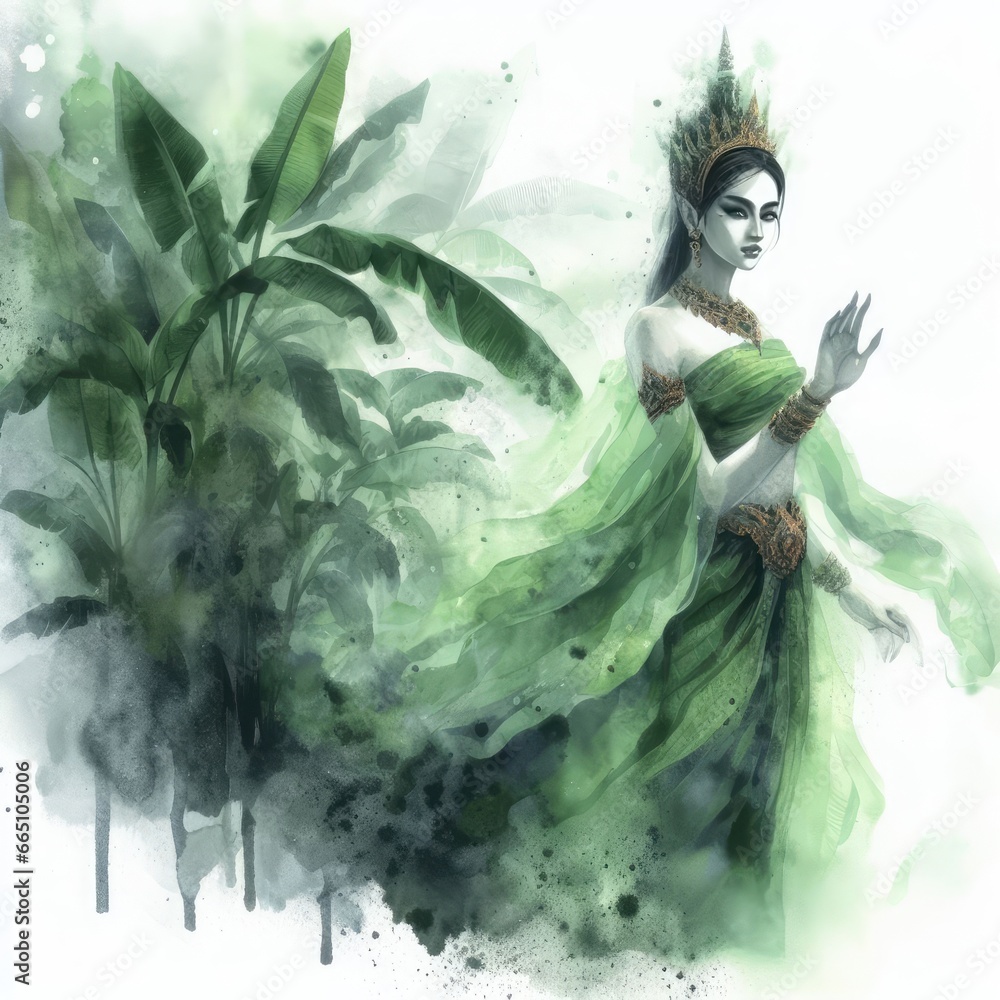 Watercolor painting "Phi Tani" is the name of a beautiful Thai female ...
