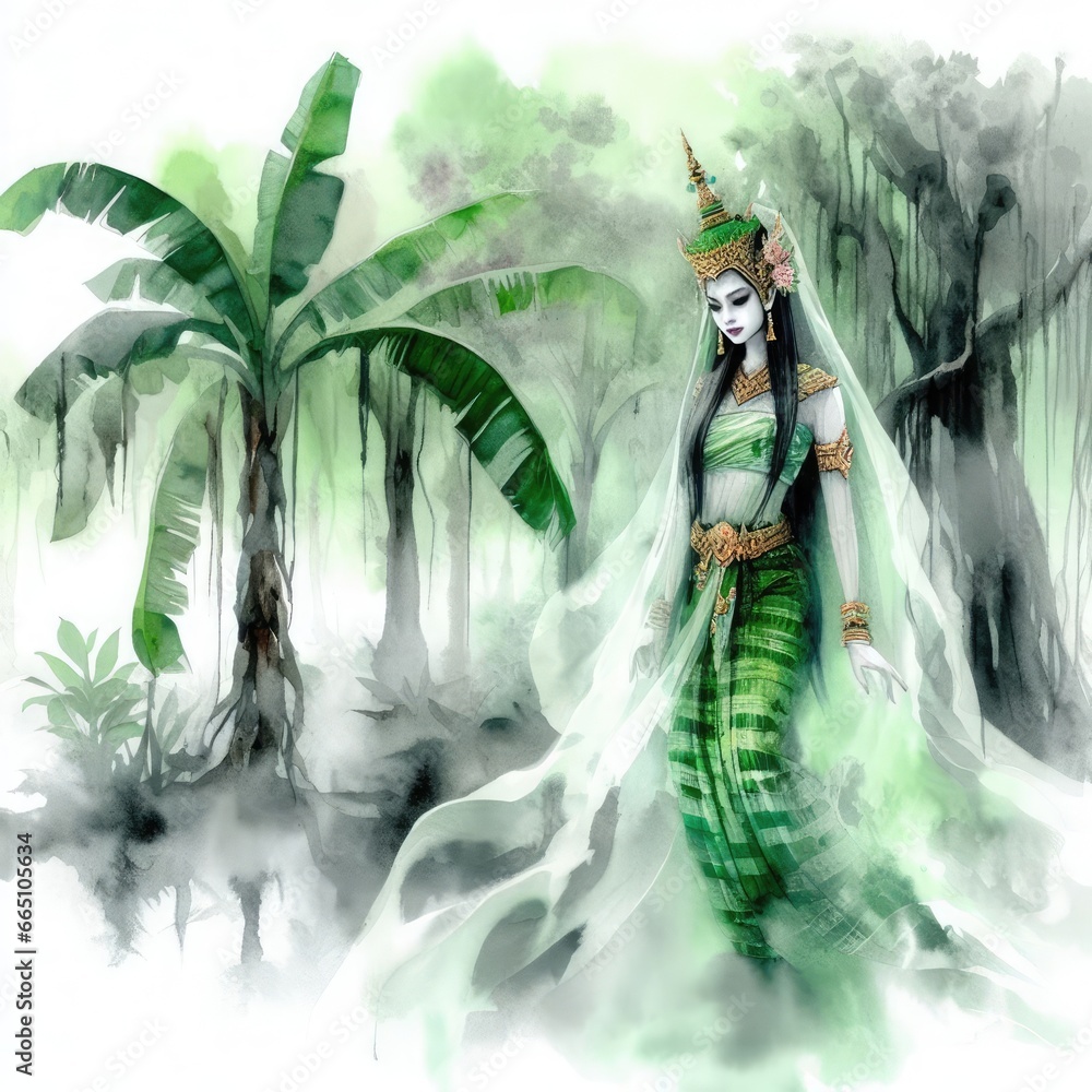 Watercolor painting "Phi Tani" is the name of a beautiful Thai female ...