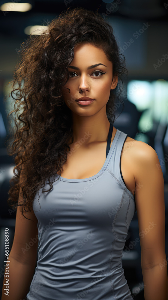 Confident young woman with voluminous curly hair in sleek gym attire ...