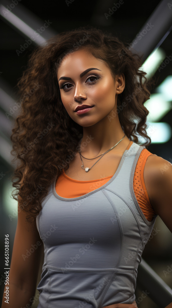 Confident young woman with voluminous curly hair in sleek gym attire ...