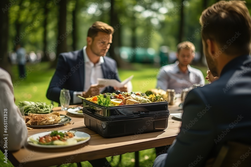 Office workers in business suits have lunch in the park and eat pre ...