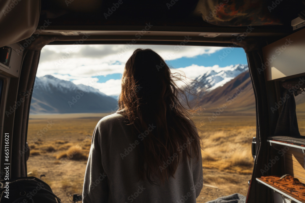 Generative AI illustration back view of woman gazes out from the back ...