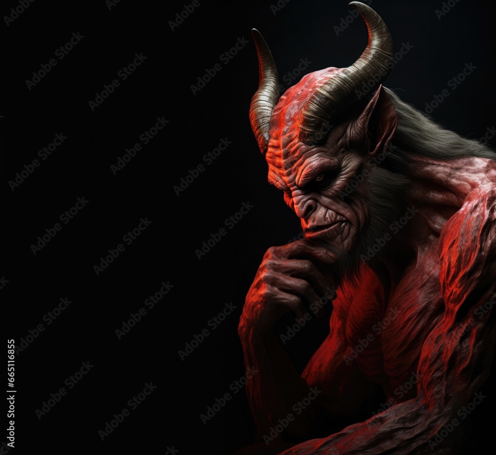Red devil, demon, Satan, belzebu. Black background. Sharp horns ...
