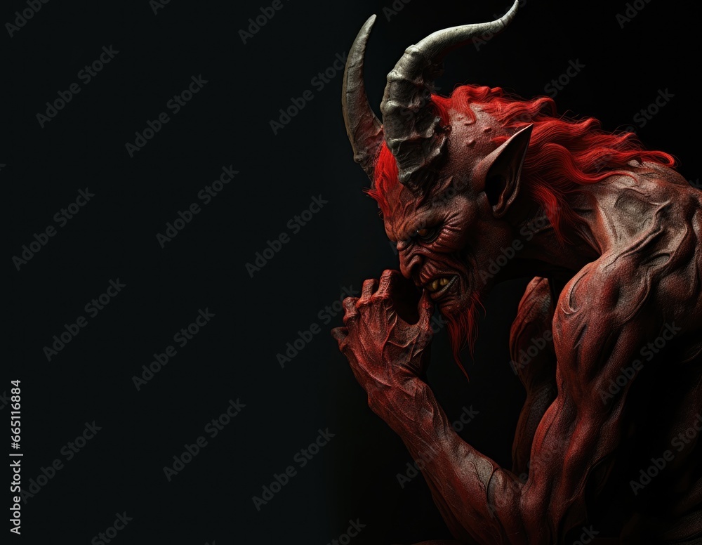 Long curly curvy goat horns. muscular. red skin. alien. Red devil ...