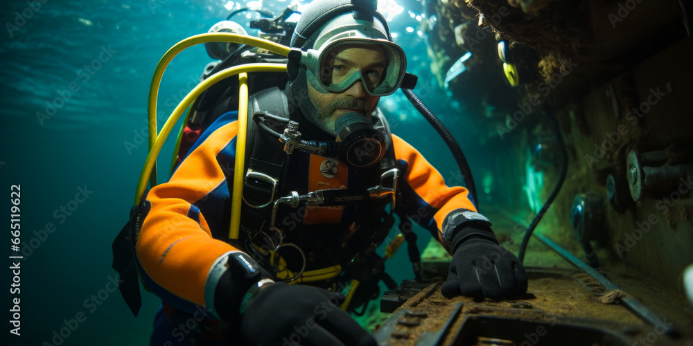 portrait of Commercial Diver, who Works below surface of water, using ...