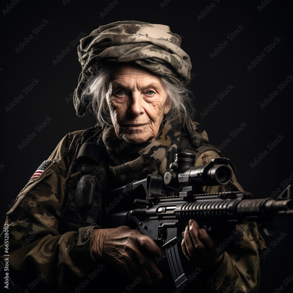 An old female soldier in a real battle in full armor. Black background ...