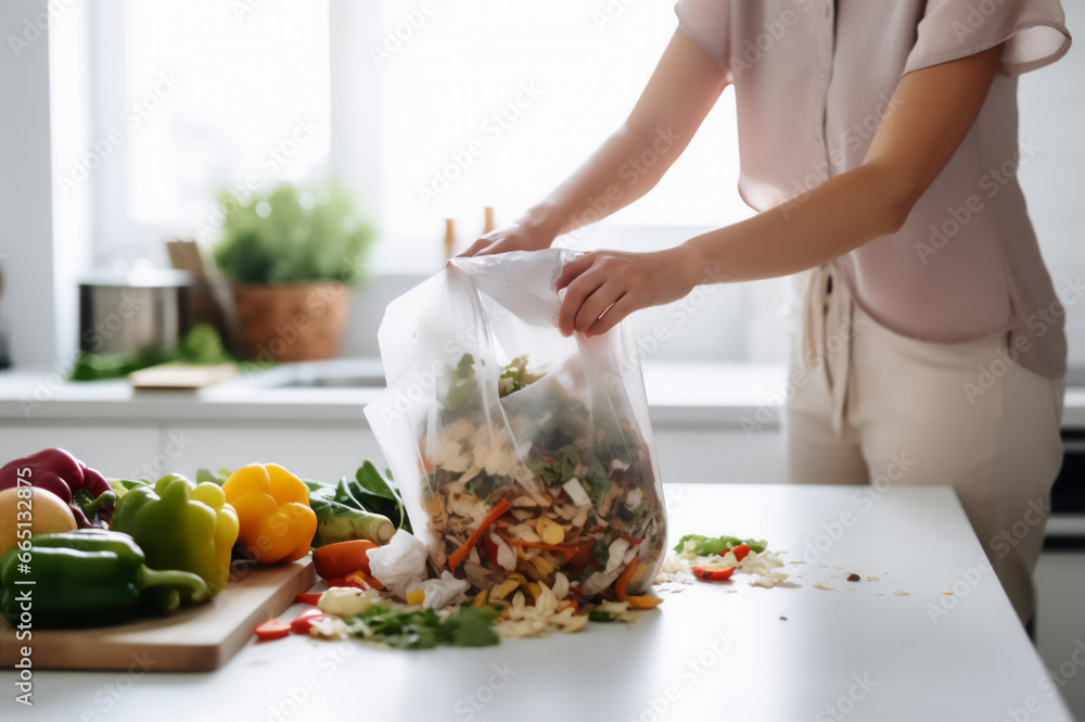 Obraz Taking eco-friendly steps, a lady collects vegetable scraps in a ... Obraz Taking eco-friendly steps, a lady collects vegetable scraps in a ...