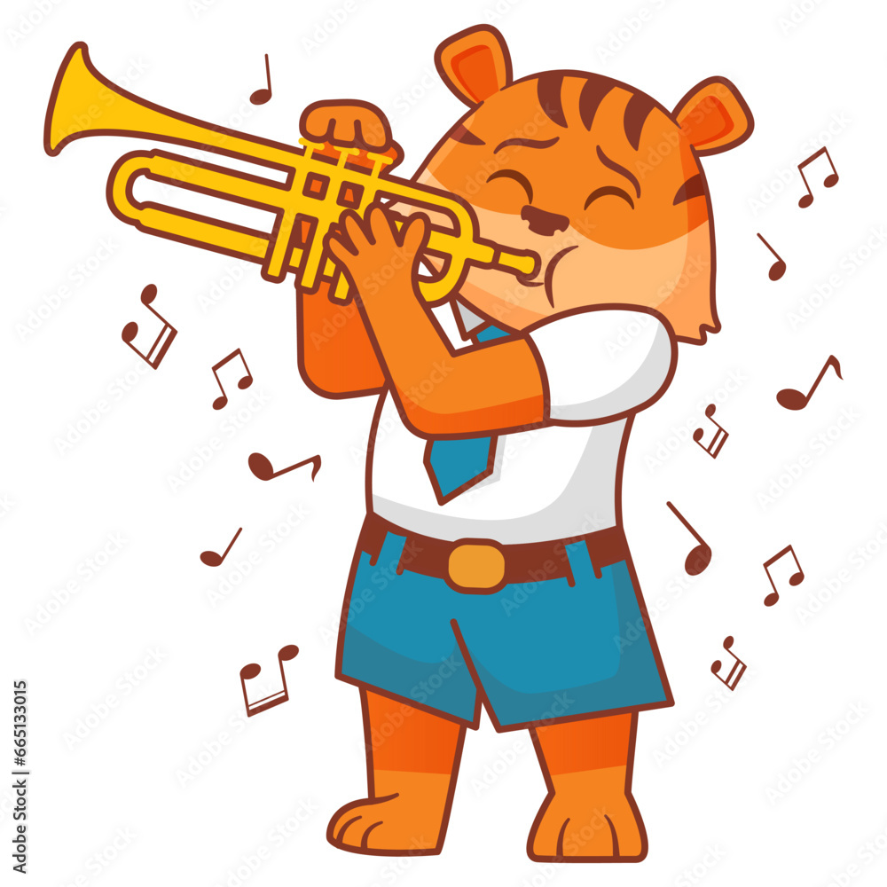 The tiger plays the trumpet.Animal musician character.A student to ...