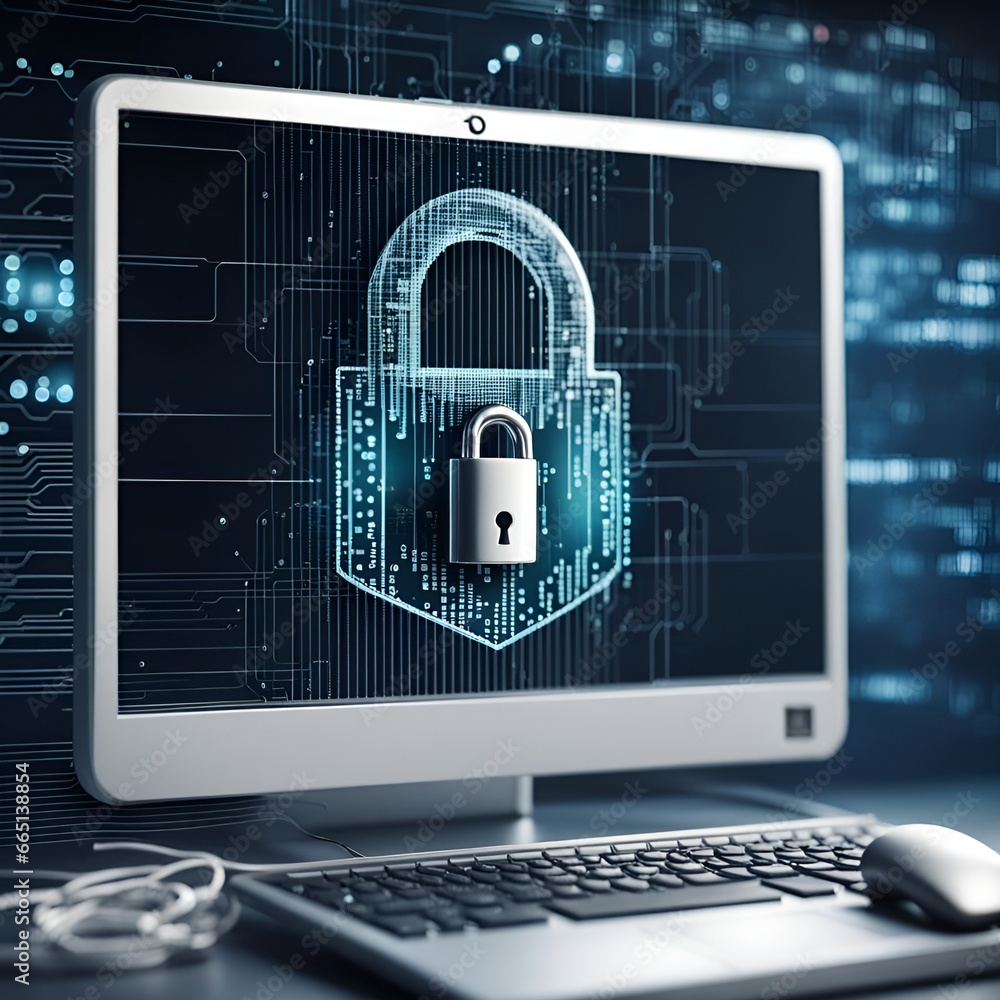 Security concept, locked desk top computer with digital graphics. Smart ...